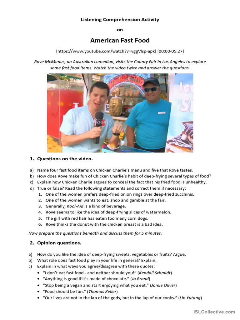 American Fast Food - Listening Comprehension + Speaking (B2) | Download ...