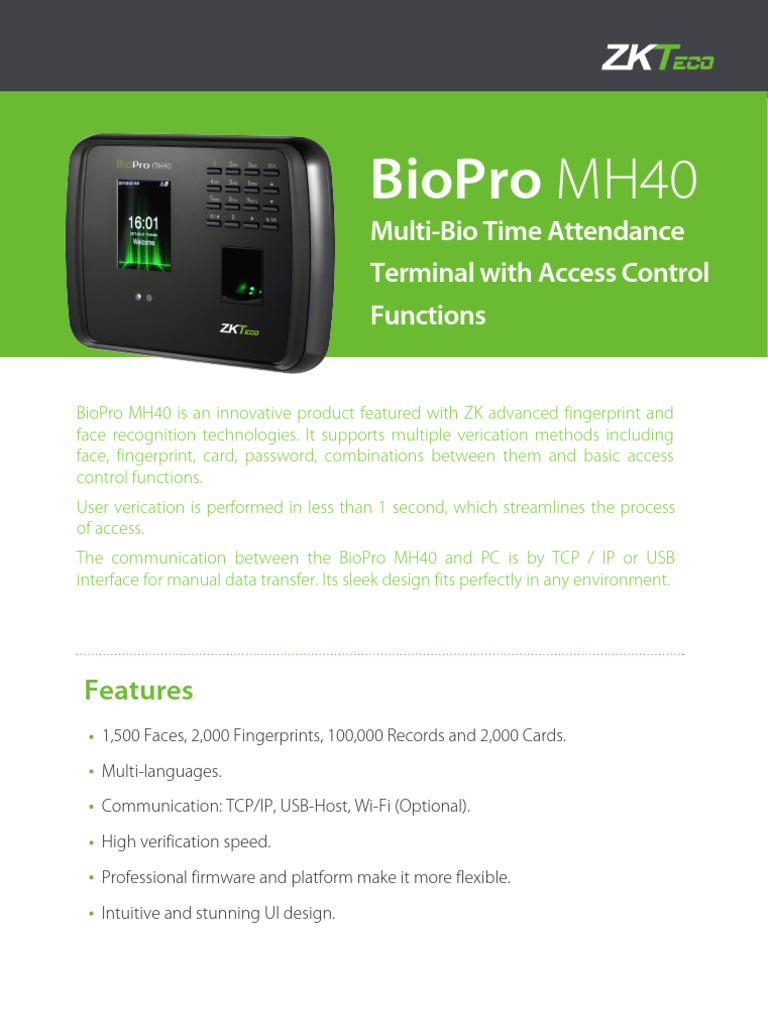 BioPro MH40 Data Sheet | PDF | Usb | Access Control