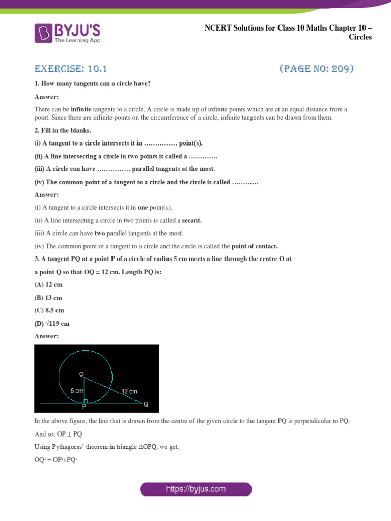 NCERT Solutions For Class 10 Maths Chapter 10 Circles | PDF | Circle | Perpendicular
