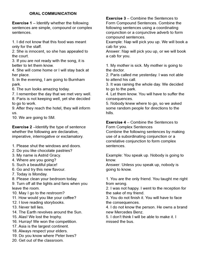 Oral Comm Worksheet-Sentences | PDF | Syntax | Linguistics