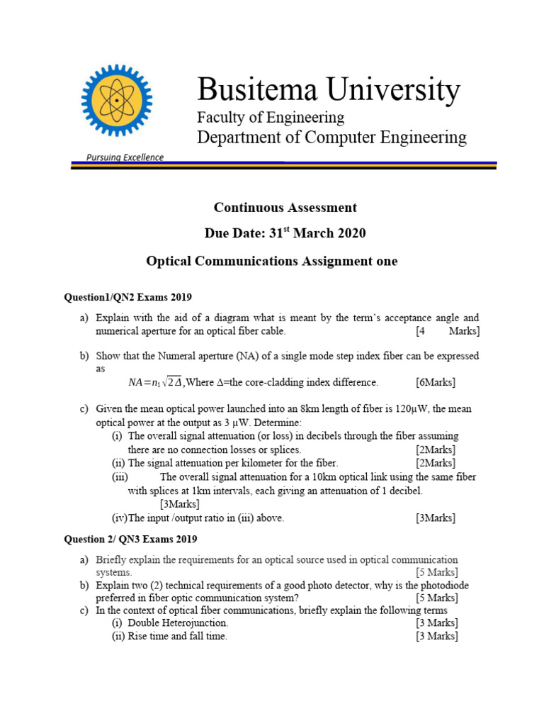Optical Communications Exam Questions 2019 | PDF | Optical Fiber ...