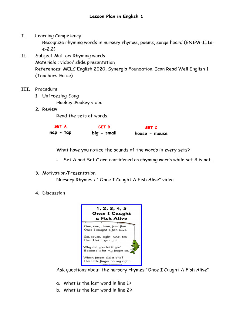 Rhyming Words Lesson Plan for English 1 | PDF | Language Arts & Discipline