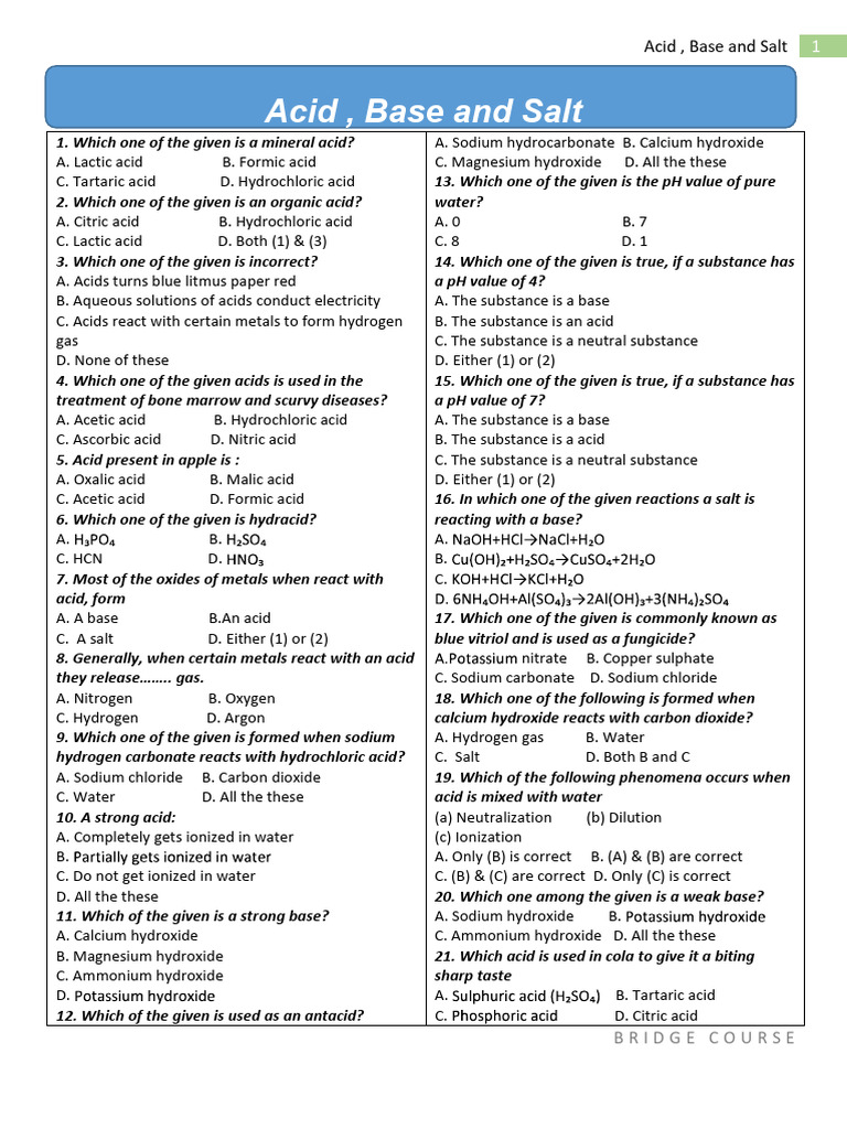 Acid, Base, and Salt Quiz Questions | PDF | Acid | Hydrochloric Acid