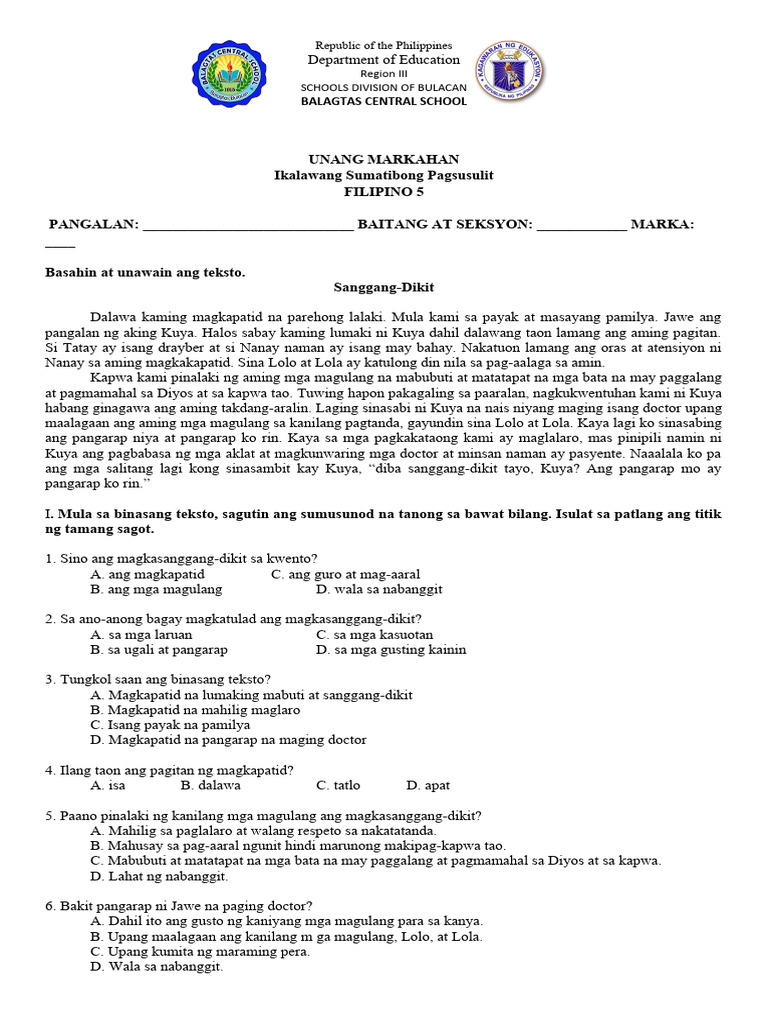 2nd SUMMATIVE TEST FILIPINO Q1 2022 | PDF