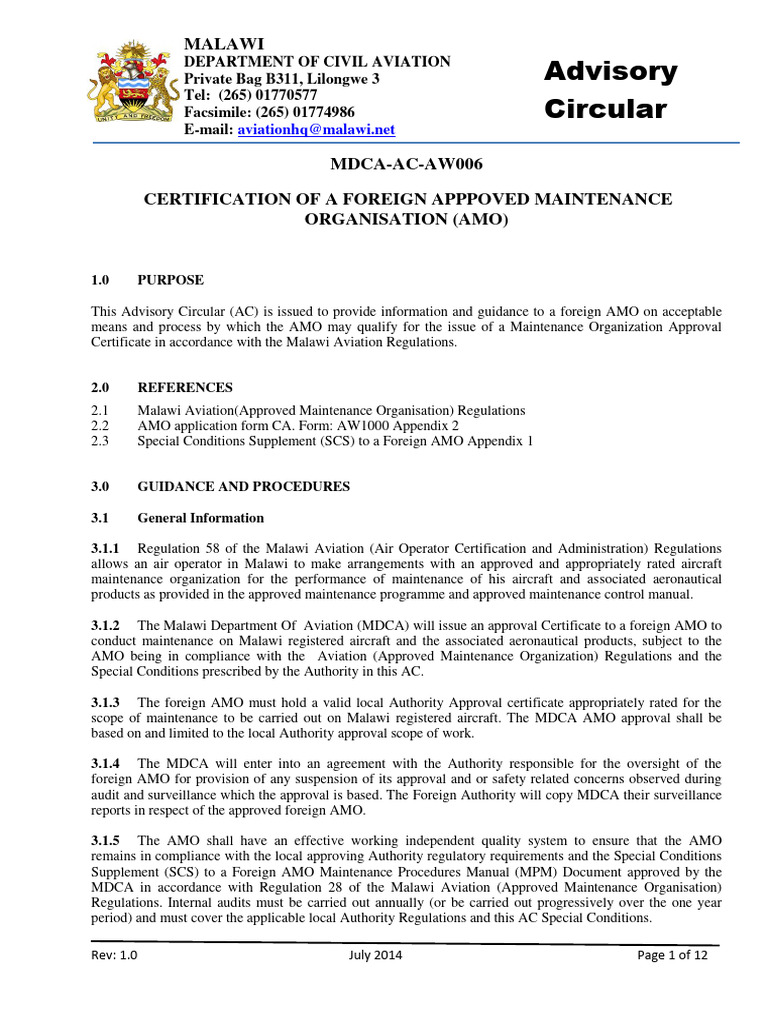 Mdca-Ac-Aw006 Foreign Amo Certification Rev 1 | PDF | Aviation