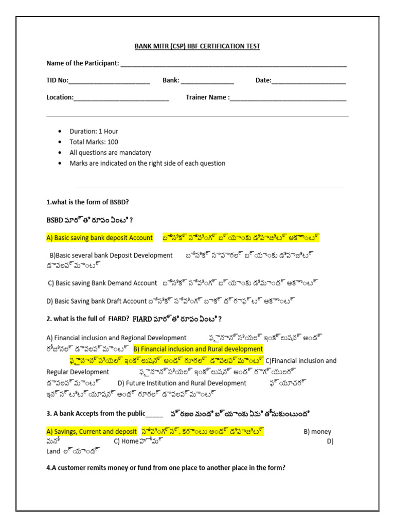 IIBF Test Paper 2 -With Answers | PDF