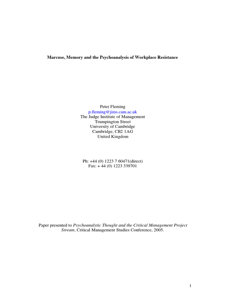 Marcuse Memory and Psychoanalisis of Workplace Resistance | PDF | Id ...