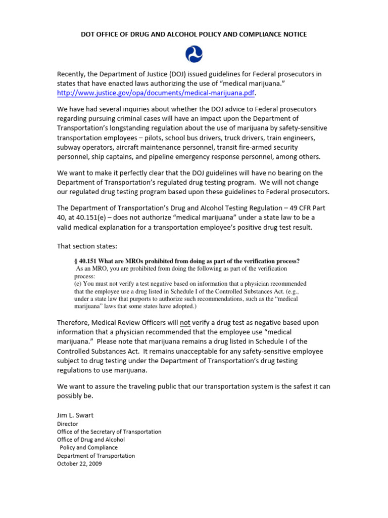 DOT Medical Marijuana Notice | PDF | Controlled Substances Act | Drug Test