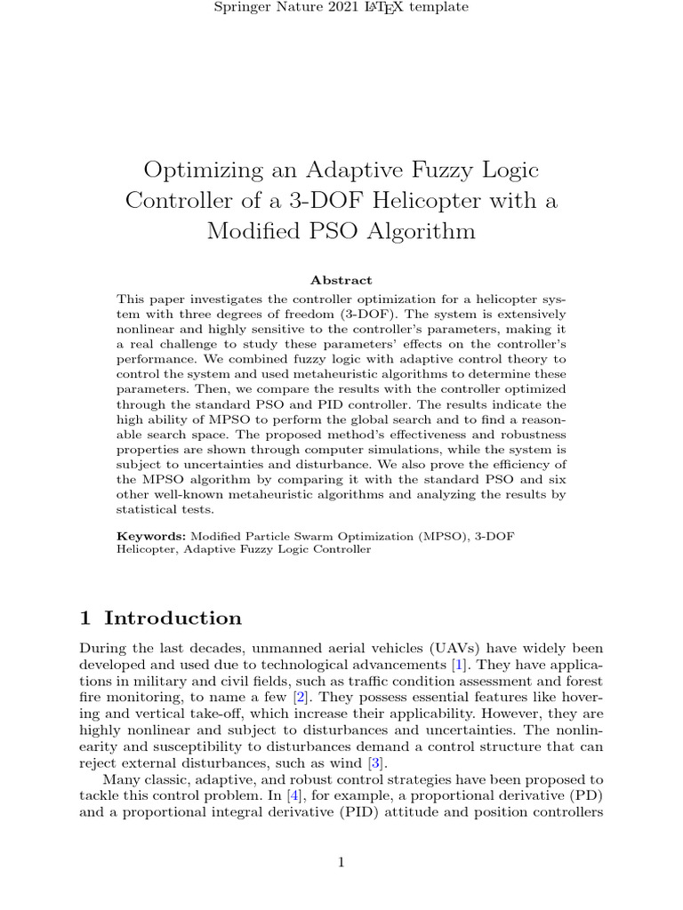 Optimizing An Adaptive Fuzzy Logic Controller of A 3-DOF Helicopter With A Modified PSO ...