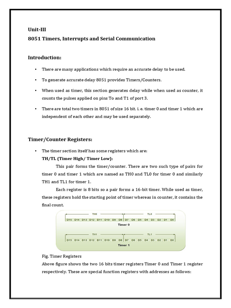 Unit-III 8051 Timers, Interrupts and Serial Communication: TH/TL (Timer High/ Timer Low) | PDF ...