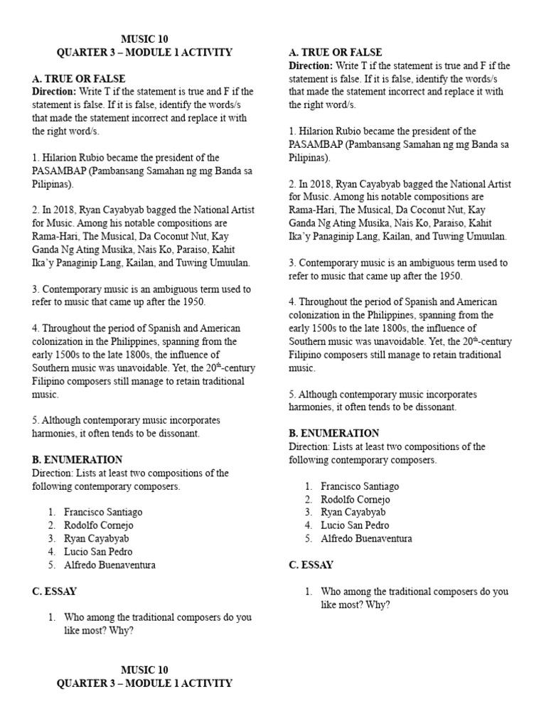 Music 10 Module 1 Activity 1 | PDF | Musicology | Philippines