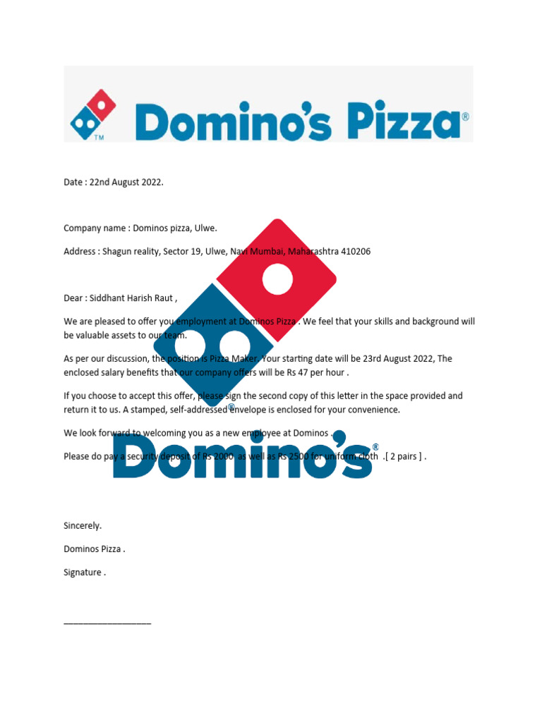 Dominos Offer Letter | PDF