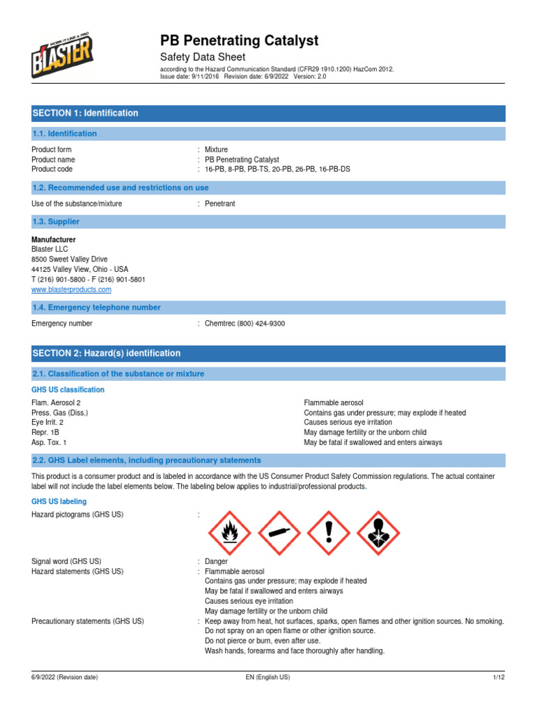 PB Blaster-Penetrating Catalyst (Aerosol) | PDF | Firefighting | Toxicity