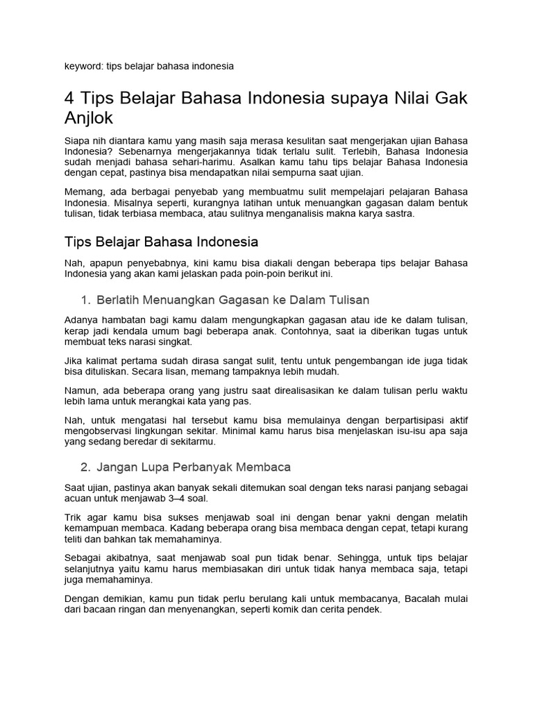 4 Tips Belajar Bahasa Indonesia Supaya Nilai Gak Anjlok | PDF | Karier & Perkembangan