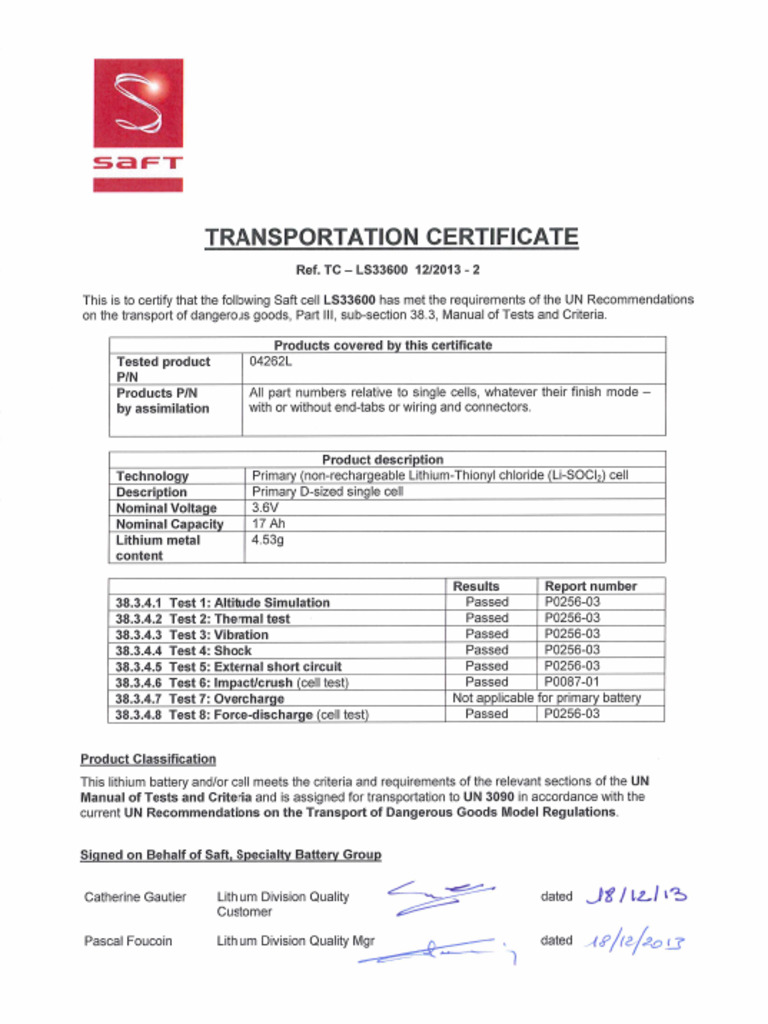 BATTERY MAG 8000 LS33600 - UN certificate | PDF
