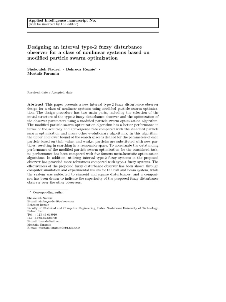 Designing An Interval Type-2 Fuzzy Disturbance Observer For A Class of Nonlinear Systems Based ...