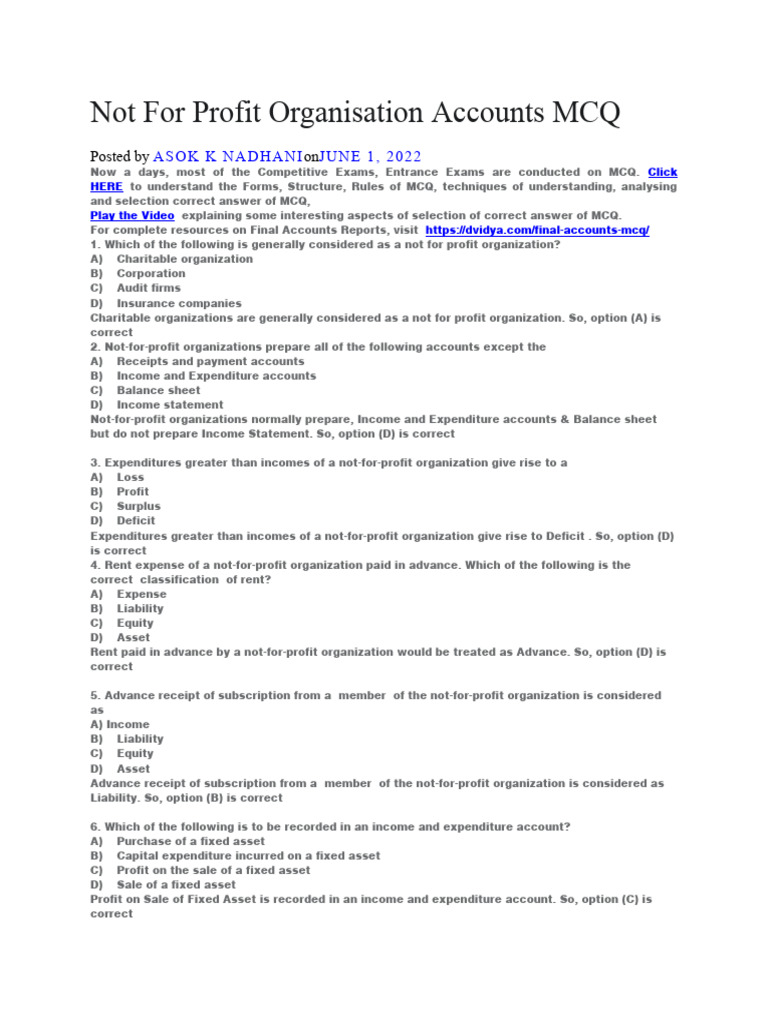 Not-for-Profit Organization MCQs Guide | PDF | Debits And Credits | Expense