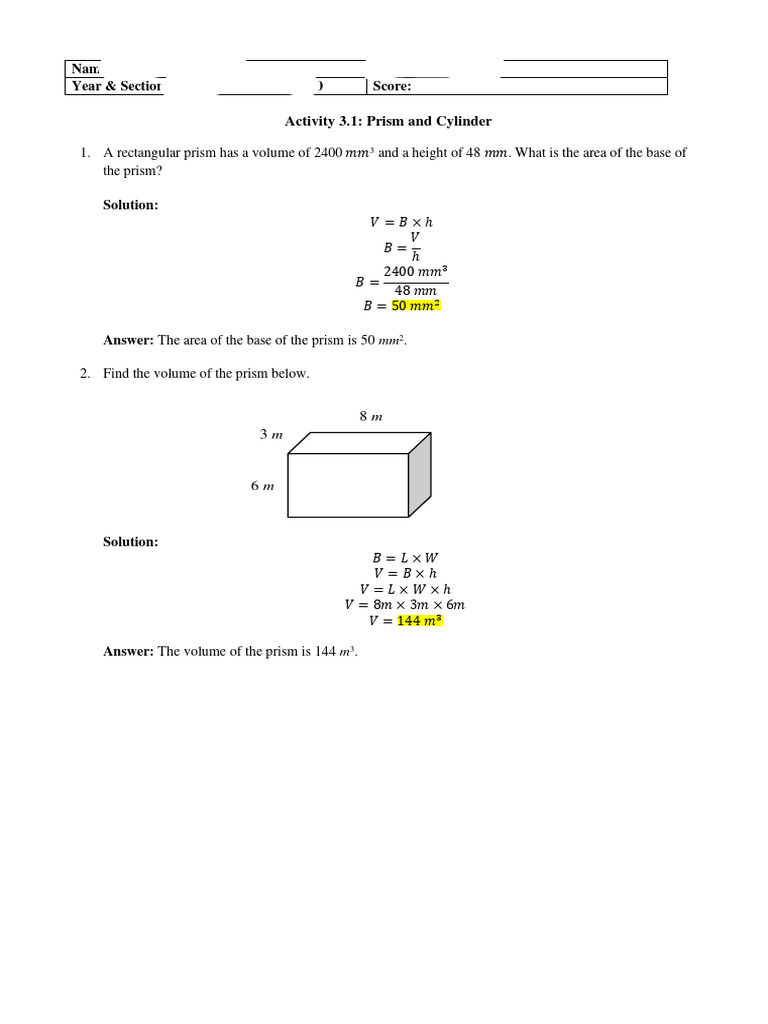 Prisms and Cylinder | PDF | Area | Volume
