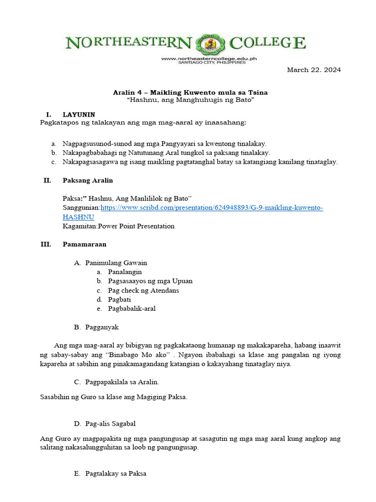 Hashu Malamasusing banghay aralin | PDF