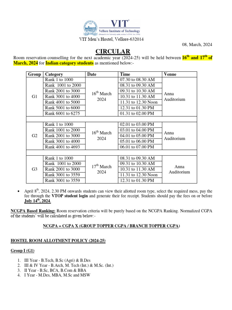 VIT Hostel Room Allotment 2024-25 | PDF