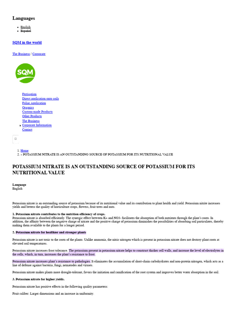 Potassium Nitrate Is An Outstanding Source of Potassium For Its Nutritional Value - SQMC | PDF ...