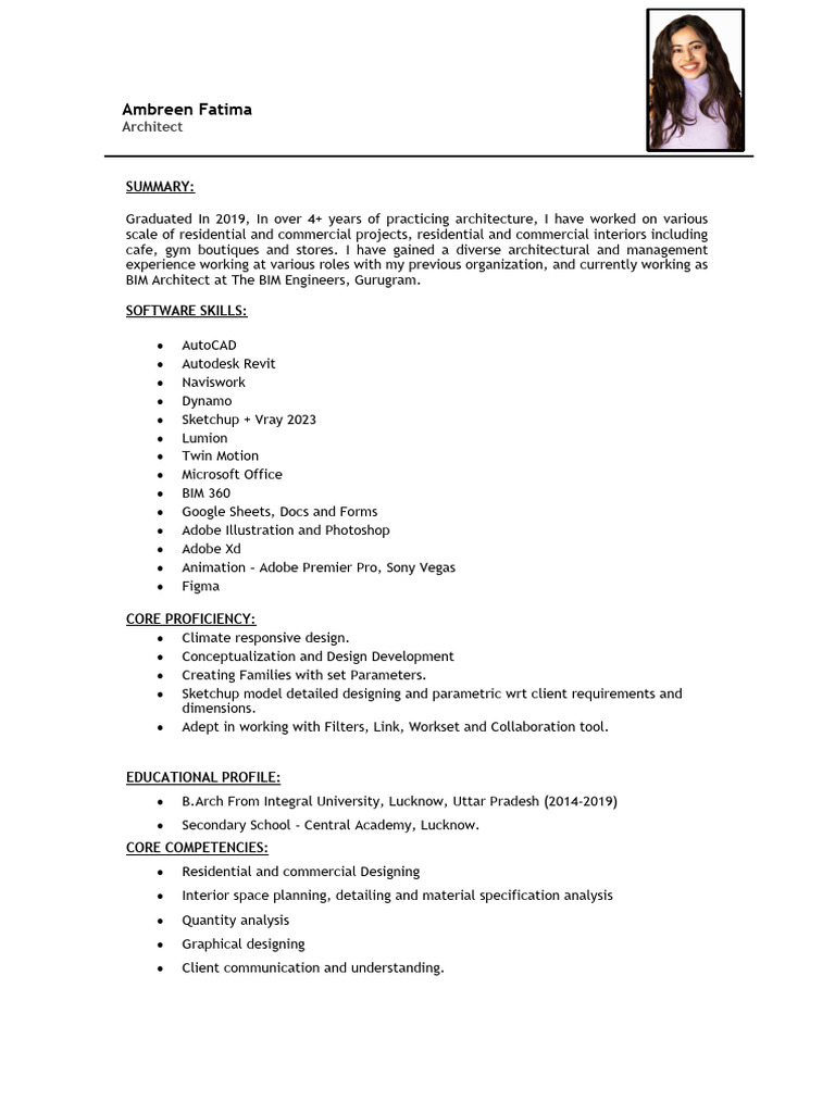 Ambreen Fatima - ARCH CV | PDF | Building Information Modeling | Architect