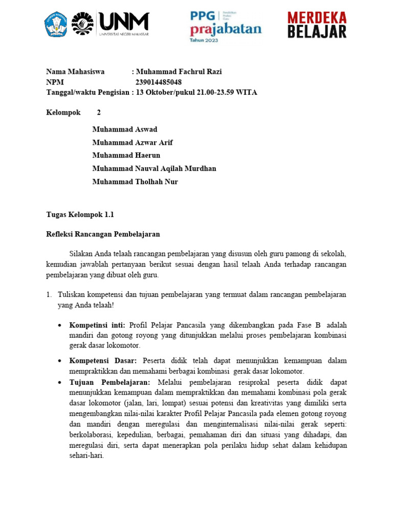 Tugas TK1.1 Refleksi Rancangan Pembelajaran | PDF