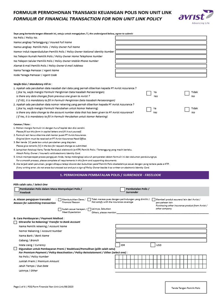 Formulir Transaksi Polis Non Unit Link | PDF | Bisnis | Pengelolaan Keuangan & Uang