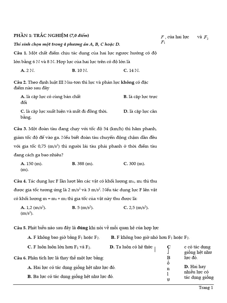 ĐỀ LÝ 10 - ÔN CUỐI KÌ 1 - 002 | PDF