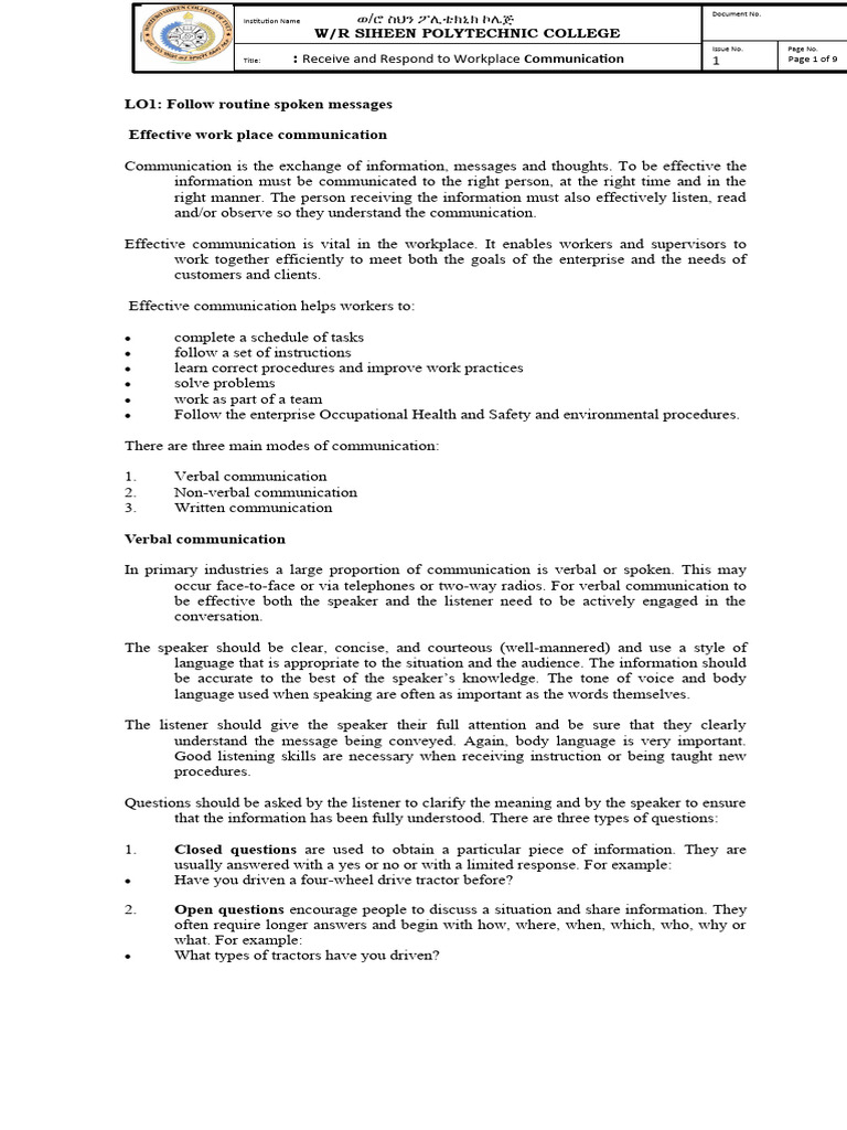 Recive & Respond Work Place Comm | PDF | Communication | Nonverbal ...