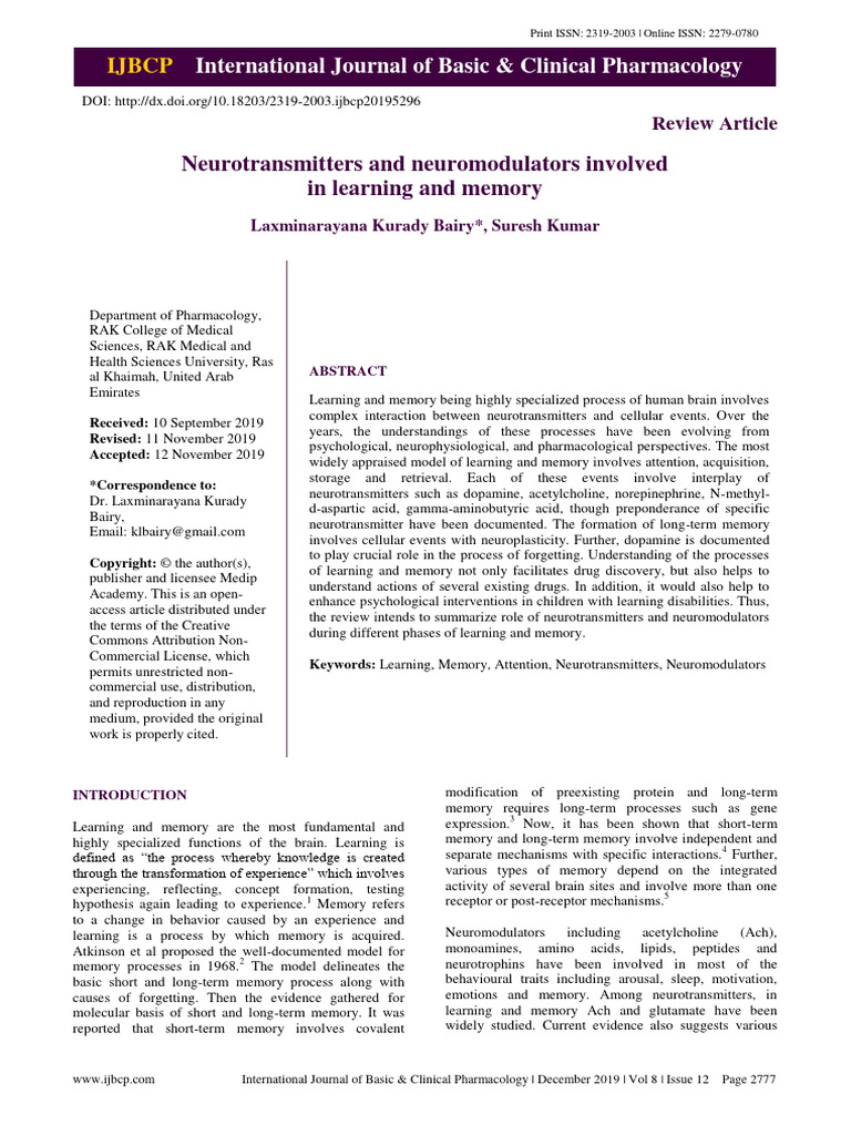 Neurotransmitters and Neuromodulators Involved in Learning and Memory | PDF | Long Term ...