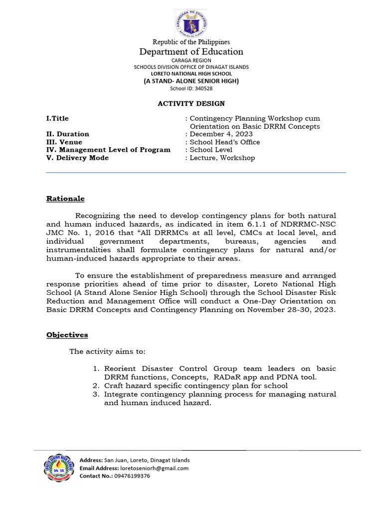 Activity Design SDRR Contingency Planning | PDF