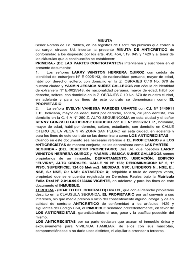 Minuta de Anticrético Inmobiliario | PDF | Documento de identidad | Ley ...