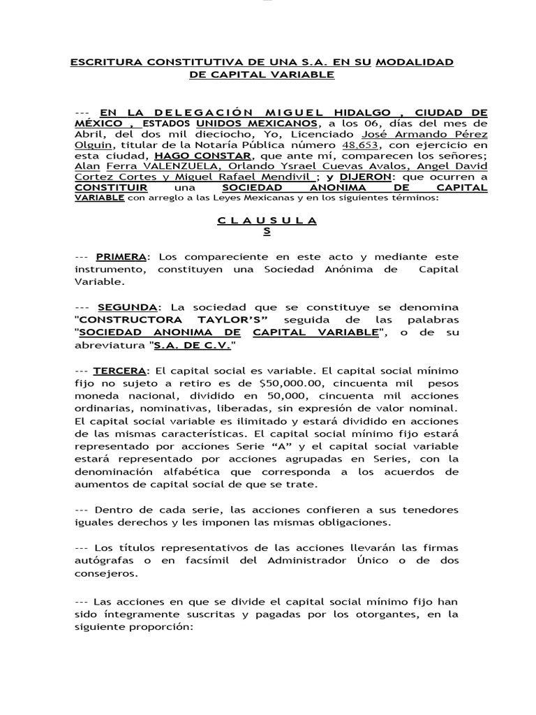 Acta Constitutiva Constructora Taylor's | PDF | Bancos | Sociedad de ...