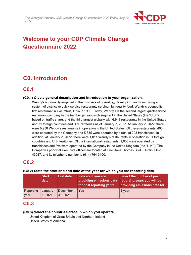 The Wendy's Company CDP Climate Change Questionnaire 2022 - FINAL | PDF ...