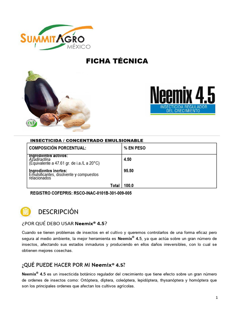 Ficha Técnica de Neemix® 4.5 Insecticida | PDF | Insectos | Insecticida