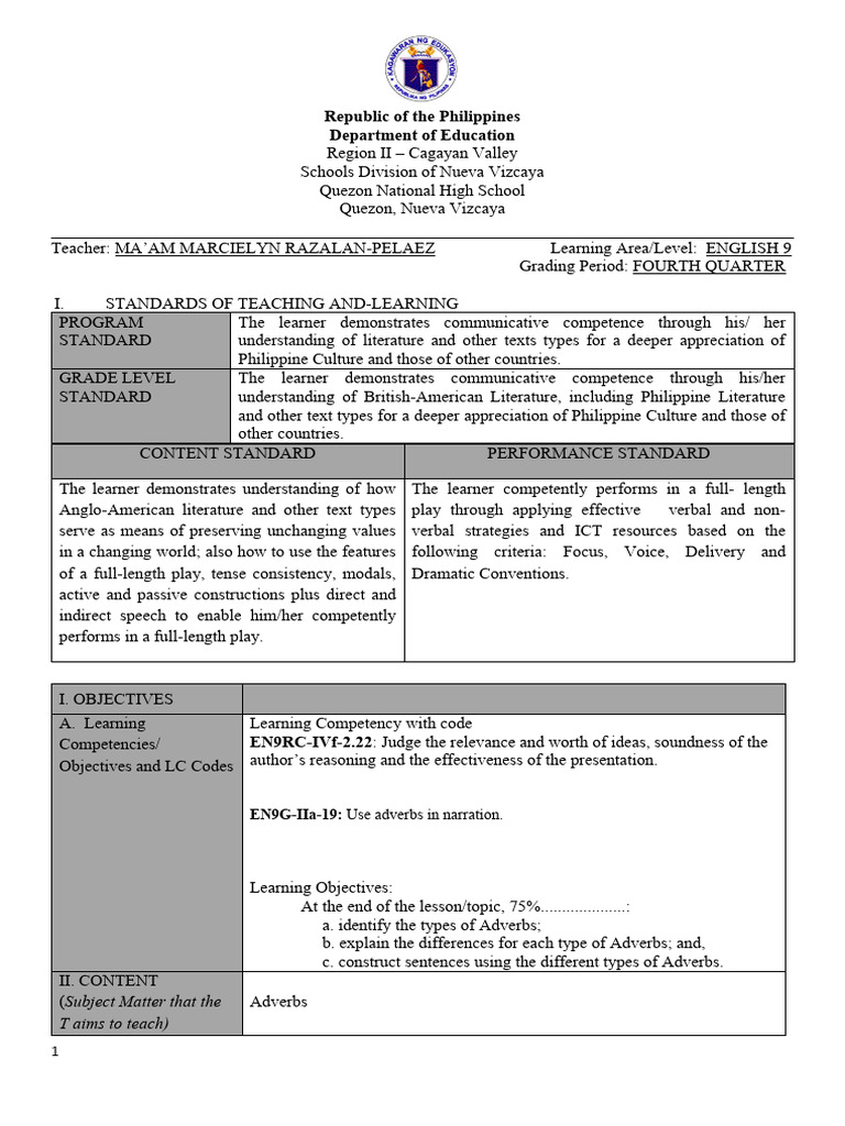 Adverb Lesson Plan for English 9 | PDF | Adverb | Adjective