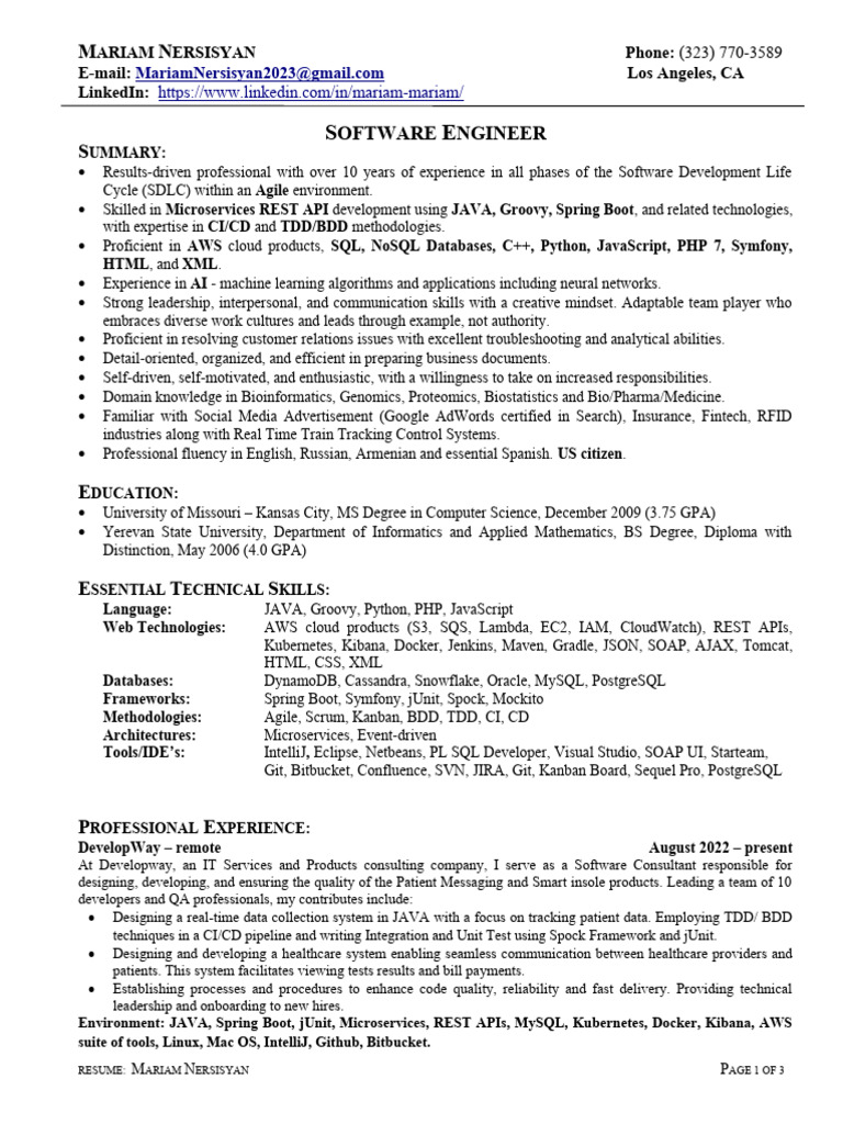 MariamNersisyanResume SW | PDF | My Sql | Java (Programming Language)