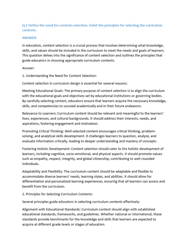 Q.1 Define The Need For Contents Selection. Enlist The Principles For ...