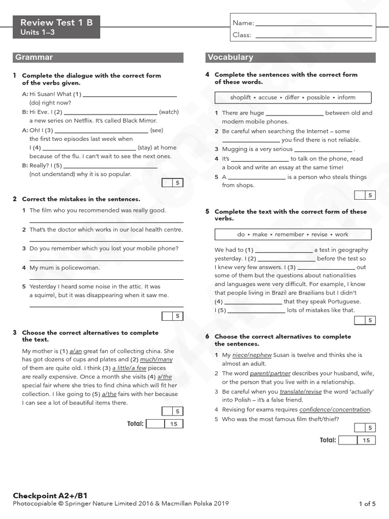 Checkpoint A2+ B1 Review Test 1 B | Download Free PDF | Foreign ...