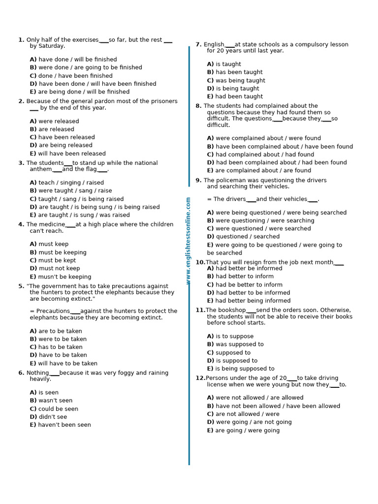 524 - Passive Voice Test Exercises Multiple Choice Questions With ...