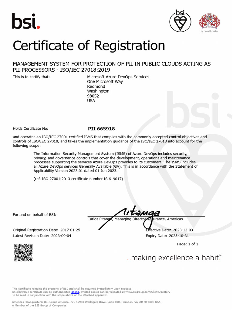 Azure DevOps - ISO - IEC 27018 2019 Certificate (2023) | PDF