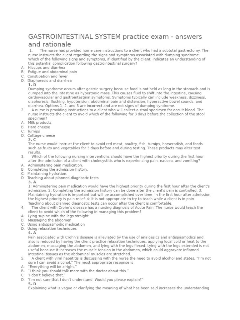 Gastrointestinal System Practice Exam | PDF | Esophagus ...
