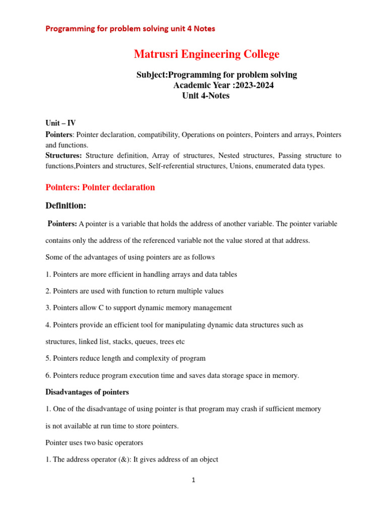 Pps Unit 4 Notes Full Pdf Pointer Computer Programming Integer