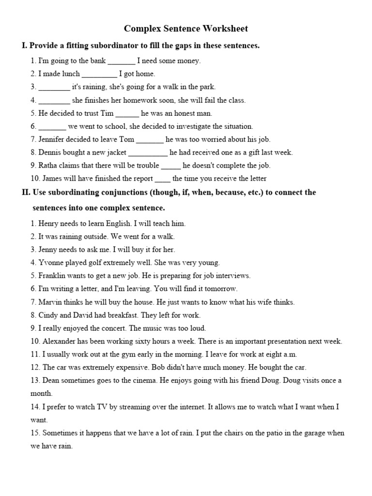 Complex Sentence Practice Worksheet | PDF