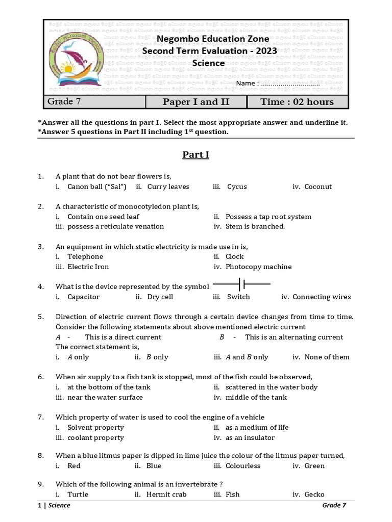 Grade 7 Science (EM) - 2023-Negombo Zone | PDF
