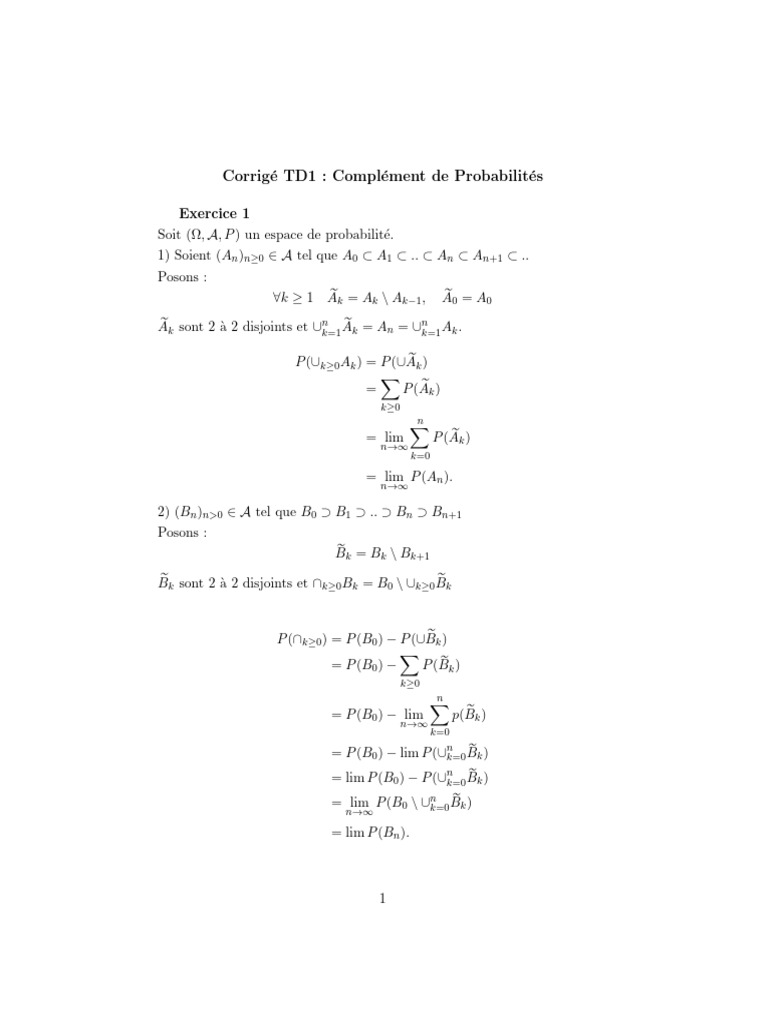 3 - Corrigé TD1 - Complément de Probabilités | PDF