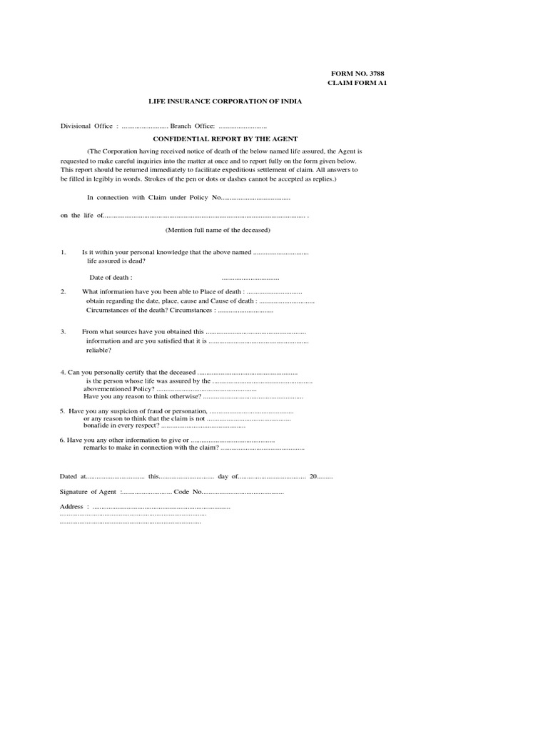 FORM NO. 3788 Claim Form A1 | PDF | Law
