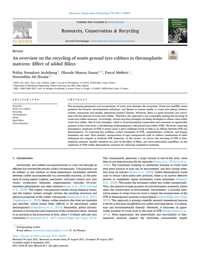 An Overview On The Recycling of Waste Ground Tyre Rubbers in ...