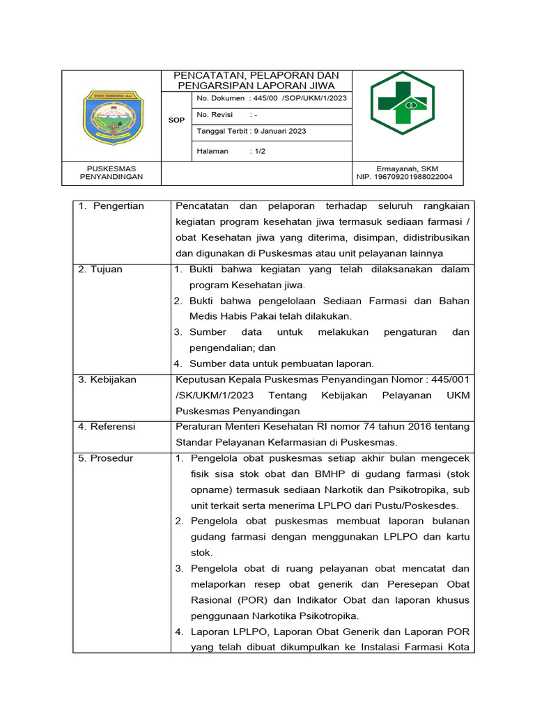 Sop 7 Pencatatan Pelaporan Pengarsipan Laporan Jiwa | PDF